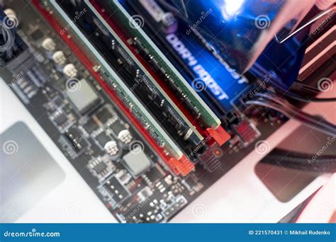 The Inserting Plug In The Ram Ddr Memory Card In The Computer Mainboard