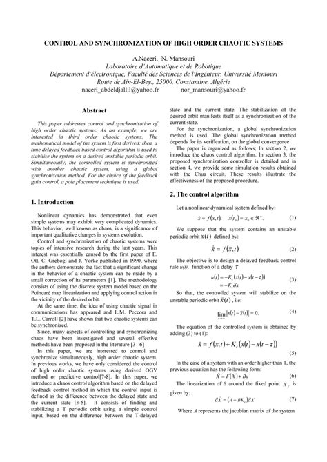 Pdf Control And Synchronization Of High Order Chaotic Systems