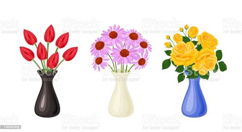 아름 다운 꽃의 꽃다발이 설정 됩니다 빨간 튤립 노란 장미 꽃 흰색 배경에 격리된 꽃병에 분홍색 에키나시아 만화 플랫 스타일의 벡터 그림 0명에 대한 스톡 벡터 아트 및