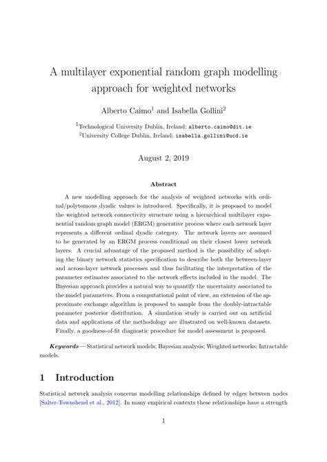 Pdf A Multilayer Exponential Random Graph Modelling Approach For Weighted Networks