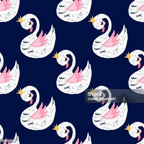 귀여운 작은 공주 백조와 완벽 한 패턴입니다 만화 손으로 그려 벡터 일러스트 레이 션 패션 인쇄 디자인 사용 될 수 있습니다 아이 착용 인사 및 초대장 카드 0명에 대한