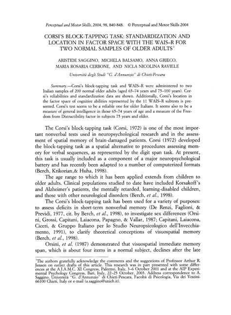 Pdf Corsis Block Tapping Task Standardization And Location In Factor Space With The Waisr