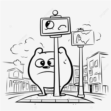 신호등 옆에 서있는 만화 곰 벡터 기본 간단한 귀여운 만화 거리 표지판 개요 흰색 배경에 고립 어린이 색칠 페이지 Png 일러스트 및 벡터 에 대한 무료 다운로드