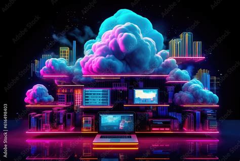 Cloud Technology Computing Devices Connected To Digital Storage In The Data Center Via The