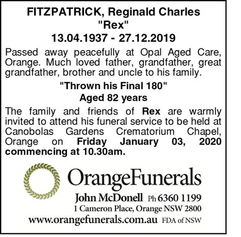 Fitzpatrick Reginald Charles Tributes Central Western Daily
