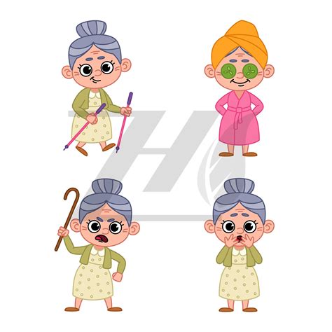 دانلود وکتور مجموعه شخصیت کارتونی پیرزن در حالت های مختلف دانلود