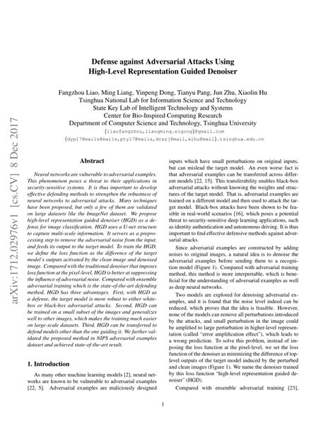 Pdf Defense Against Adversarial Attacks Using High Level Representation Guided Denoiser