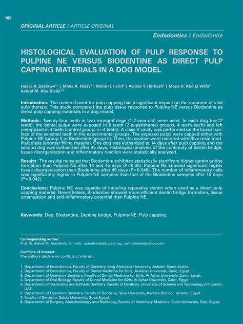 Pdf Histological Evaluation Of Pulp Response To Pulpine Ne Versus Biodentine As Direct Pulp