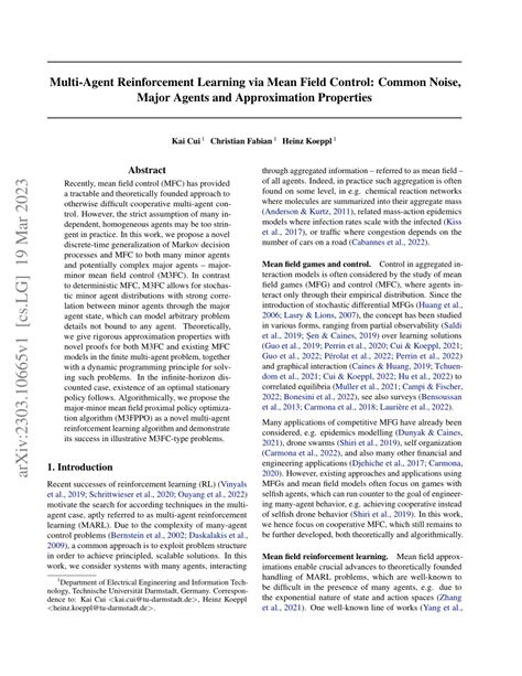 Pdf Multi Agent Reinforcement Learning Via Mean Field Control Common Noise Major Agents And