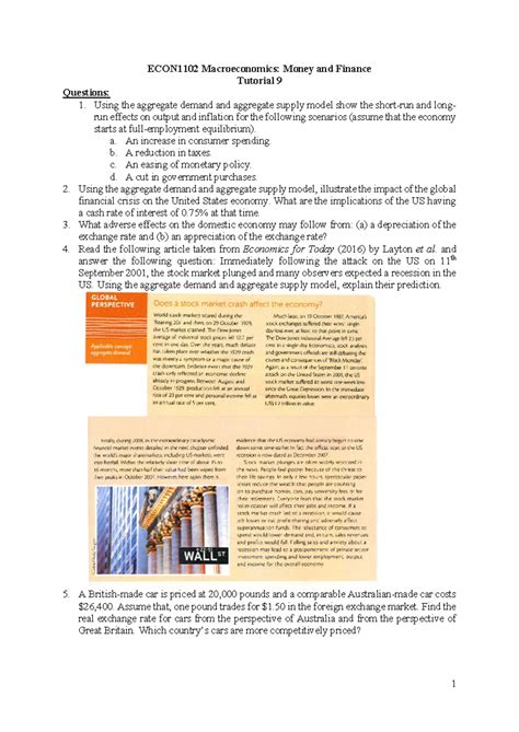 Tutorial 9 Questions 1 Econ1102 Macroeconomics Money And Finance Tutorial 9 Questions Using