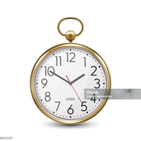 벡터 3d 현실적인 간단한 라운드 금속 노란색 황금 벽 사무실 시계와 흰색 다이얼 아이콘 근접 촬영은 흰색 배경에 격리되어 있습니다 디자인 템플릿 브랜딩을 위한 모형 광고