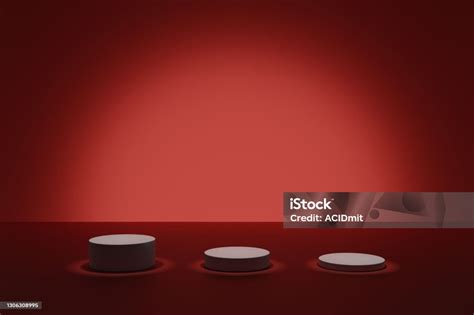 빨간색 배경에 조명 실린드릭 연단어두운 3d 모델링 장면 화장품 프레젠테이션을 위한 빈 기하학적 모양입니다 간단한 3d 요소와 빈 쇼케이스 모형 0명에 대한 스톡 사진 및