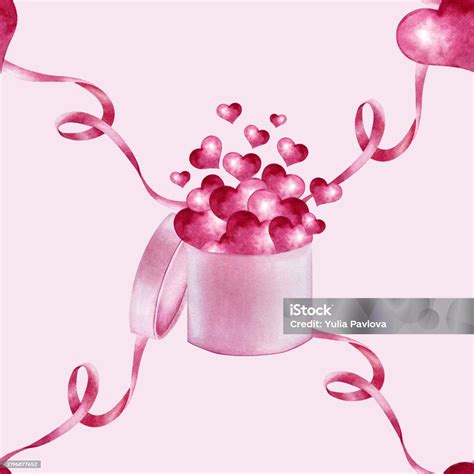 선물 상자와 하트가 날아가는 완벽 한 패턴 밝은 분홍색 배경에 수채화 그림입니다 발렌타인 데이 3 월 8 일 또는 결혼식 인사말 카드와 초대장을 위한 손으로 그린 장신구 0