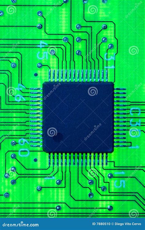 Computer Chip Motherboard Futuristic Circuit Board With Electrons Macro Royalty Free Stock