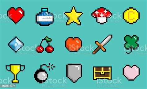 고립 된 픽셀 아트 벡터 개체의 집합입니다 게임 8 비트 스타일입니다 최소한의 픽셀 그래픽 기호 그룹 컬렉션 모자이크 처리에