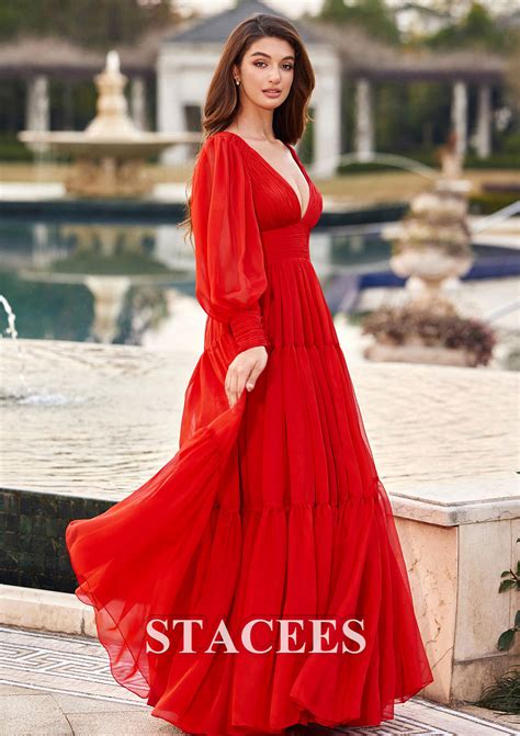 A Line V Neck Fulllong Sleeve Floor Length Chiffon Prom Dresses With