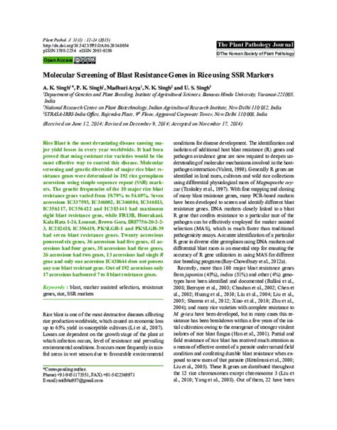 Pdf Molecular Screening Of Blast Resistance Genes In Rice Using Ssr Markers Nagendra Singh