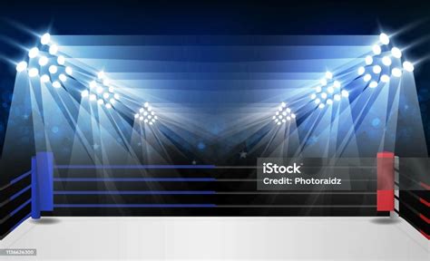 복싱 링 아레나 및 투광 조명 벡터 디자인 밝은 경기장 경기장 조명 레드 블루 벡터 조명 권투장에 대한 스톡 벡터 아트 및 기타