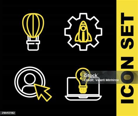 라인 설정 시작 프로젝트 개념 달러 노트북이 있는 전구 계정 화면 및 열기구 아이콘 만들기 벡터 Launch Party에 대한 스톡 벡터 아트 및 기타 이미지 Istock