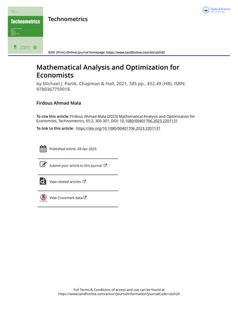 Pdf Mathematical Analysis And Optimization For Economists