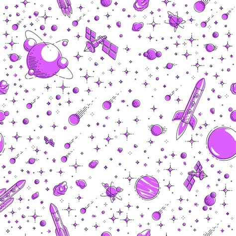 로켓 행성 별 발견되지 않은 은하계 우주의 환상적이고 흥미로운 직물 직물 끝없는 타일링 패턴 벡터 일러스트레이션 만화 모티브가 있는 우주 원활한 배경 프리미엄 벡터