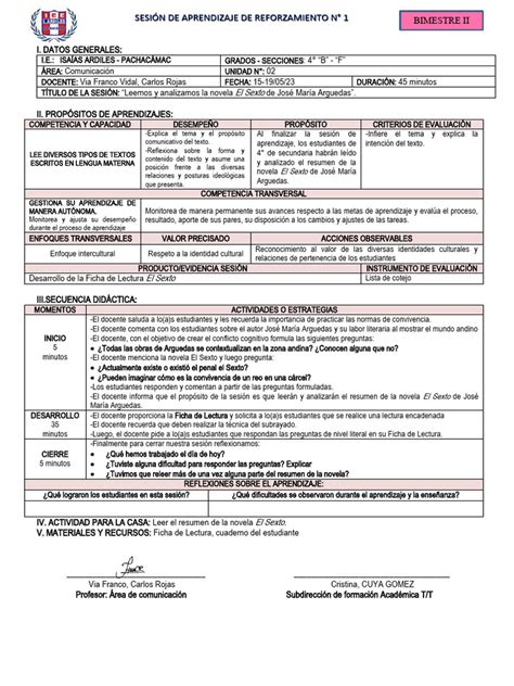Sesión Re1 4° B F Sec Leemos Y Analizamos La Novela El Sexto De Jose Maria Arguedas
