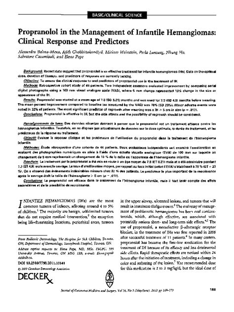 Pdf Propranolol In The Management Of Infantile Hemangiomas Clinical