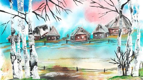 Как легко нарисовать деревню Как нарисовать весенний пейзаж Рисуем весну в деревне Пейзаж