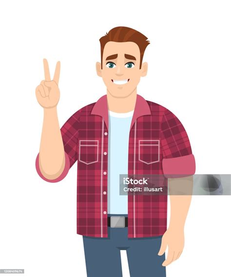 평화 표지판을 보여주는 세련된 젊은 남자 손가락으로 승리 승자 또는 두 개의 제스처를 만드는 트렌디 한 사람 남성 캐릭터 디자인 일러스트 벡터 만화에서 인간의 감정과 표현