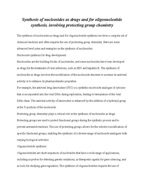 Notes On Synthesis Of Nucleosides As Drugs And For Oligonucleotide