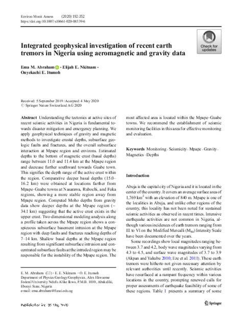 Pdf Integrated Geophysical Investigation Of Recent Earth Tremors In Nigeria Using Aeromagnetic
