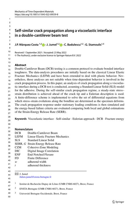 Pdf Self Similar Crack Propagation Along A Viscoelastic Interface In A Double Cantilever Beam Test