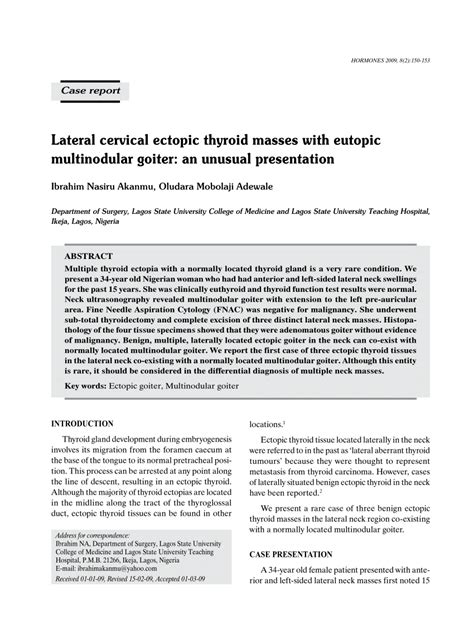 Pdf Lateral Cervical Ectopic Thyroid Masses With Eutopic Multinodular