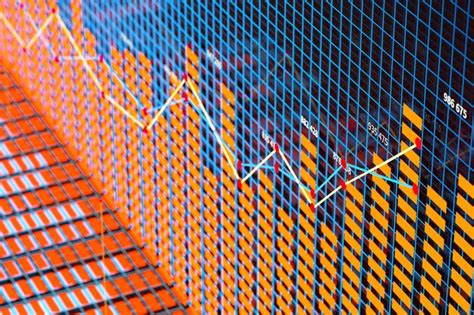 직선 그래프 바 차트와 어두운 배경에 숫자가 있는 비즈니스 차트 3d 렌더링 프리미엄 사진