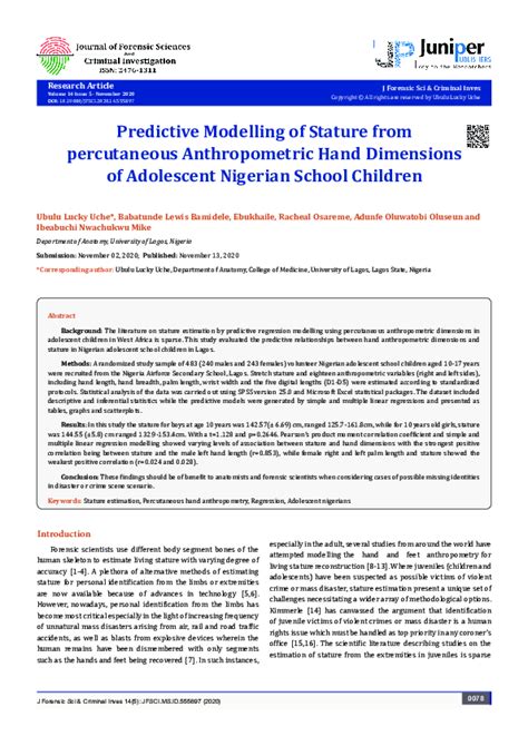 Pdf Predictive Modelling Of Stature From Percutaneous Anthropometric Hand Dimensions Of