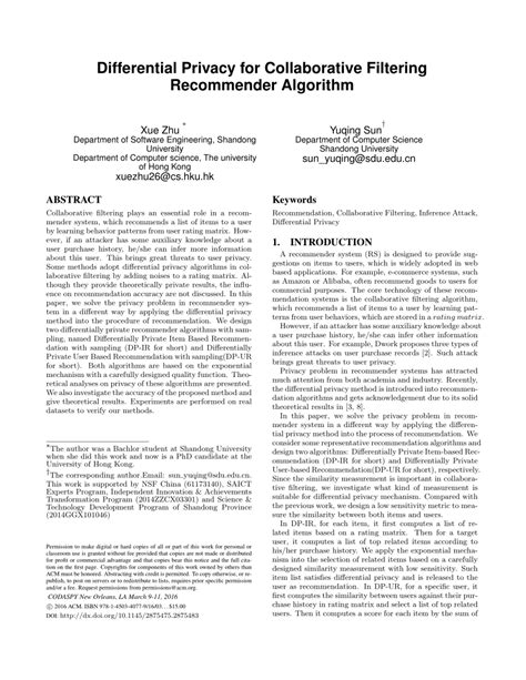 Pdf Differential Privacy For Collaborative Filtering Recommender Algorithm