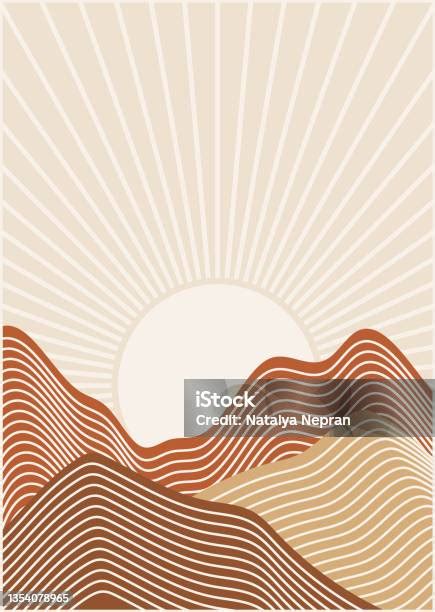 일출 풍경과 추상적 인 줄 지어 배경 지구 색조 테라코타 색상 보호 벽 장식 미드 센추리 모던 미니멀리스트 아트 프린트 보보스에 대한 스톡 벡터 아트 및 기타 이미지