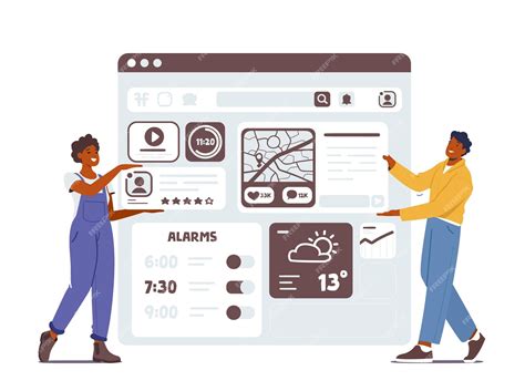 Ui 또는 Ux 디자이너 팀 아이디어 공유 및 모바일 장치 벡터 일러스트레이션의 사용자 인터페이스 디자인 공동 작업 프리미엄 벡터