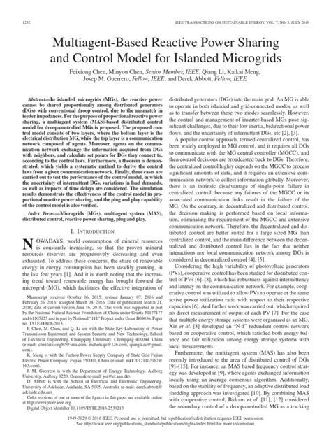 Multiagent Based Reactive Power Sharing And Control Model For Islanded Microgrids Pdf