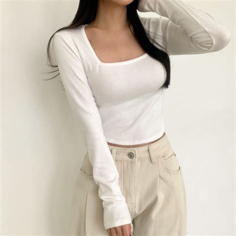 조이조이 속기모데일리 엠마 스퀘어넥 스판 크롭 무지 긴팔티