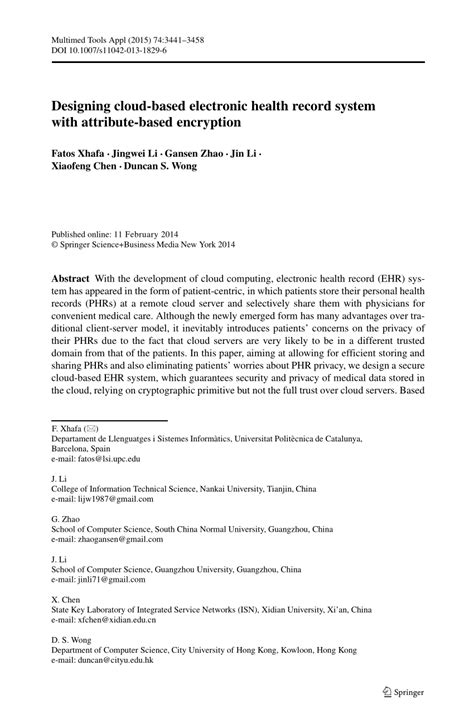 Pdf Designing Cloud Based Electronic Health Record System With Attribute Based Encryption