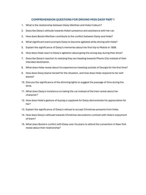Driving Miss Daisy Part 1 Questions Pdf