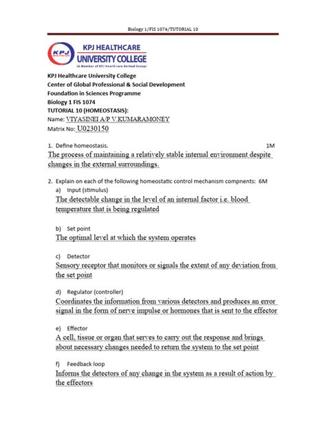 Bio Tutorial 10 Pdf Homeostasis Hypothalamus