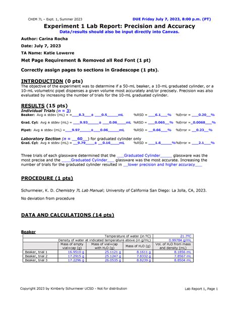 Expt1 Carina Rocha Precision And Accuracy Chem 7l Expt 1 Summer 2023 Due Friday July 7