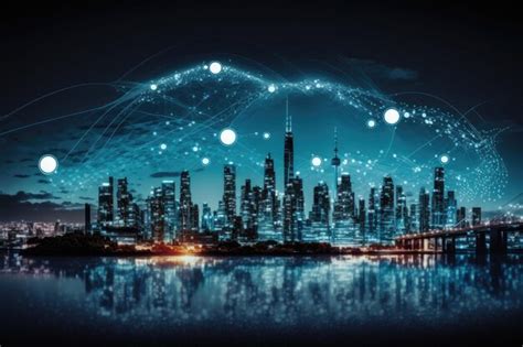 Premium Ai Image Modern City Skyline With Abstract Connected Lines And Dots Generative Ai