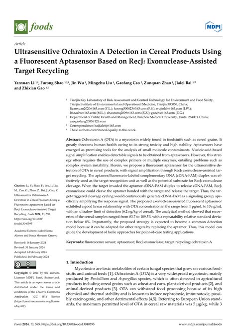 Pdf Ultrasensitive Ochratoxin A Detection In Cereal Products Using A Fluorescent Aptasensor