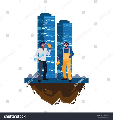 Interracial Male Builders Constructors Building Stock Vector Royalty Free 1422314867