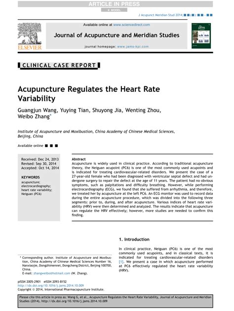 Pdf Acupuncture Regulates The Heart Rate Variability A Case Report