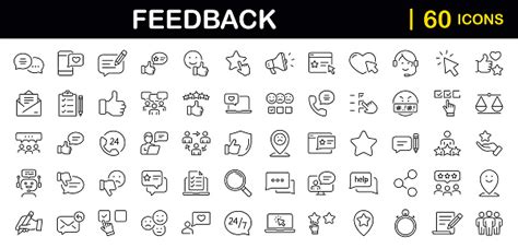 선 스타일의 웹 아이콘의 피드백 세트입니다 피드백 및 검토 웹 및 모바일 앱에 대한 아이콘 고객 관계 관리 별 평가 만족도 감정 평가 빠른 응답 채팅 감정에 대한 스톡 벡터