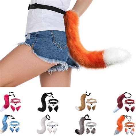 D Groee Faux Fur Cat Ears Hair Clip Furry Wolf Fox Tail Halloween Bell Faux Leather Neck Collar
